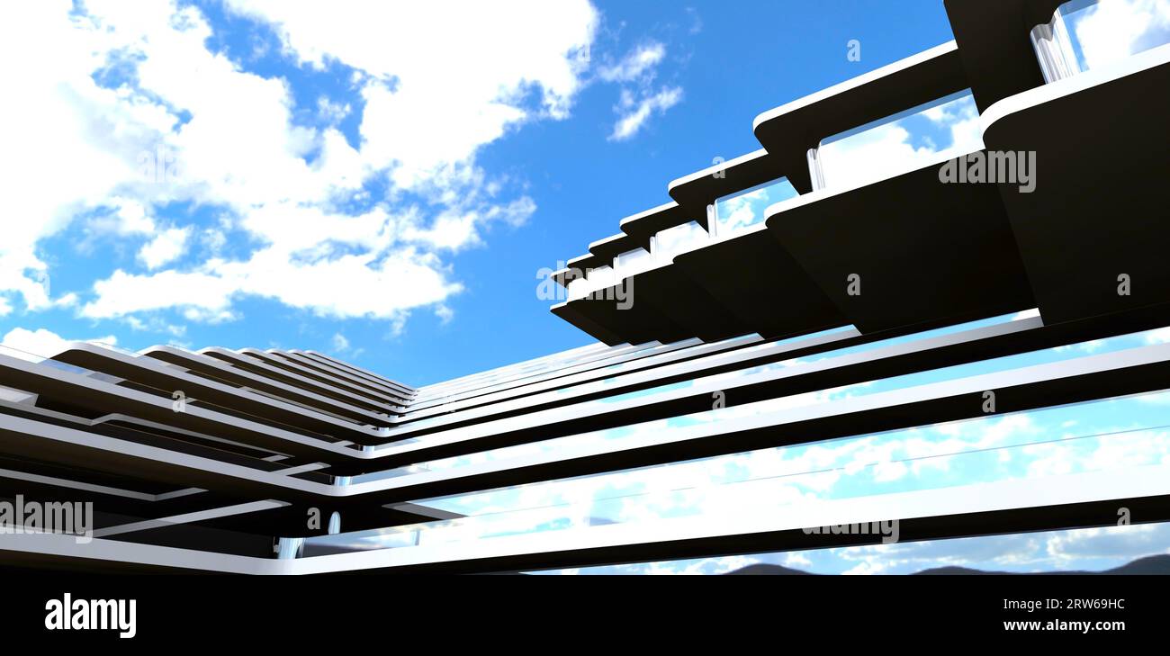 Unusual architectural forms against the cloudy sky. Straight lines of ...