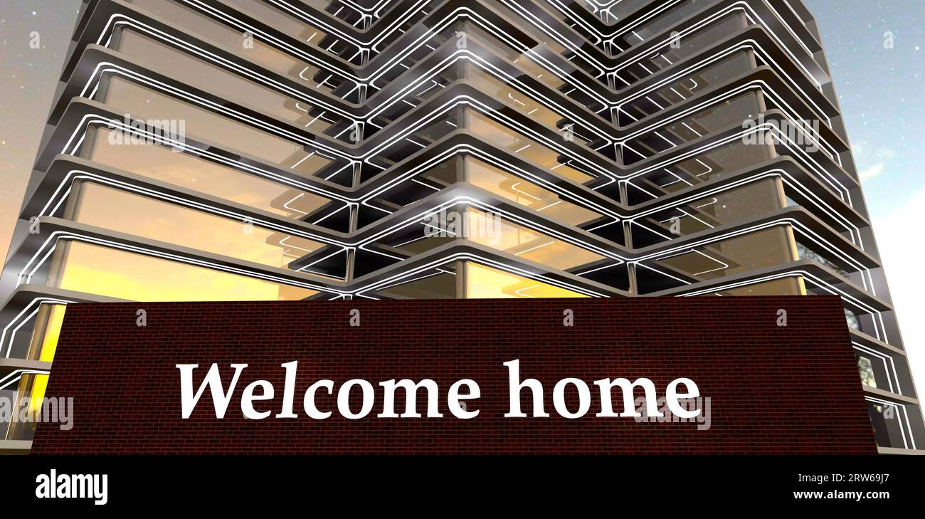 Welcome home. Text written on the brick wall with glass facade ...