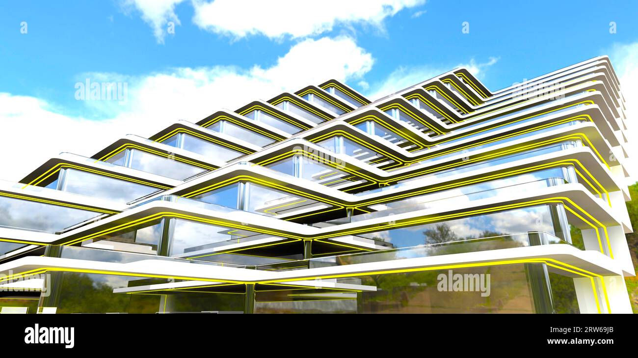 Yellow LED glowing stripes underline the straight lines of the ...
