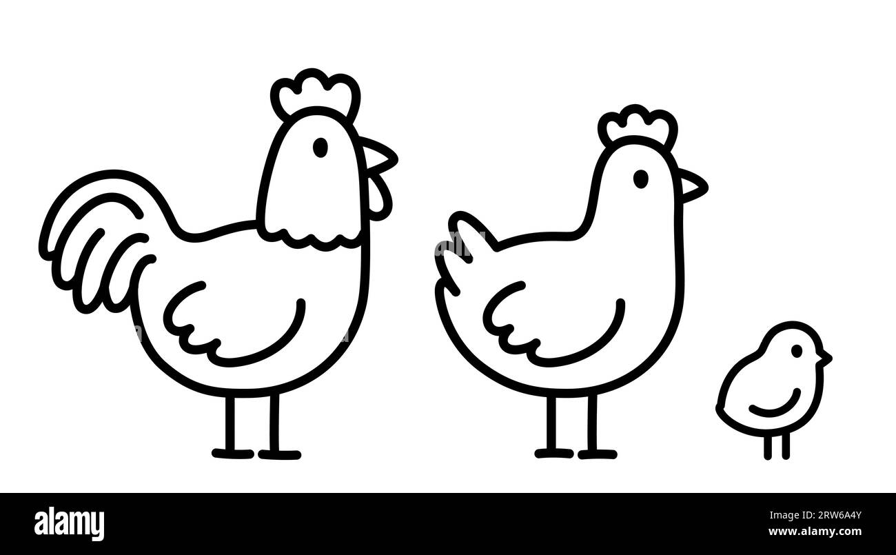 Chicken family doodle drawing set. Rooster, hen and baby chick. Simple ...