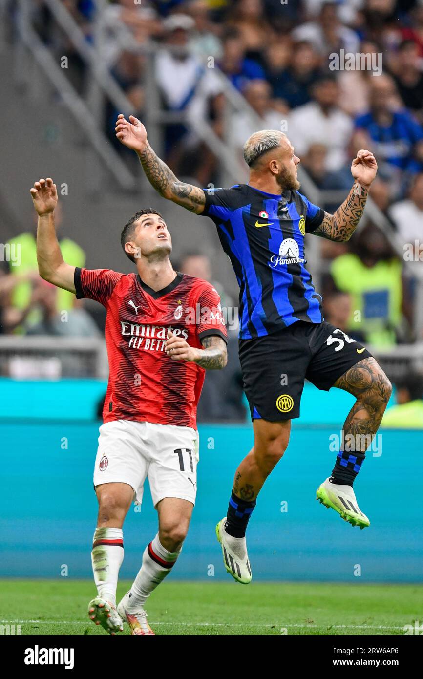 Milano, Italy. 16th Sep, 2023. Christian Pulisic (11) of AC Milan and Federico Dimarco (32) of ...