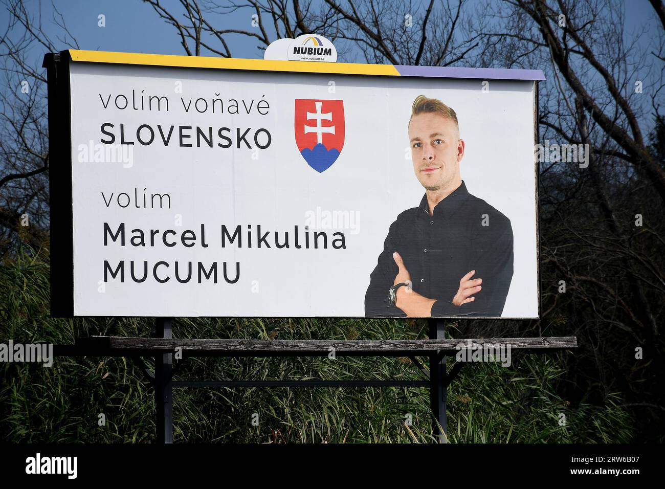 Election poster, billboard with photo of leader Marcel Mikulina MUCUMU ...
