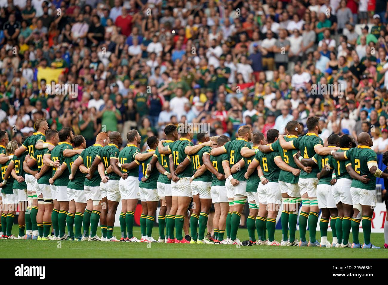South Africa players sing their national anthem during the Rugby World ...
