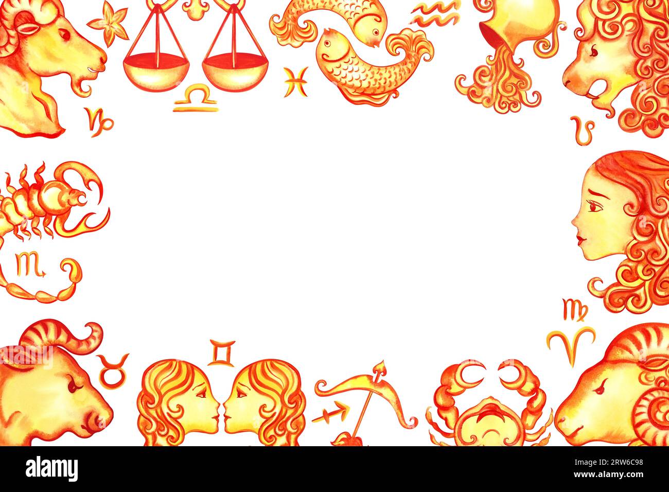 A frame of zodiac signs according to the horoscope. The watercolor is ...