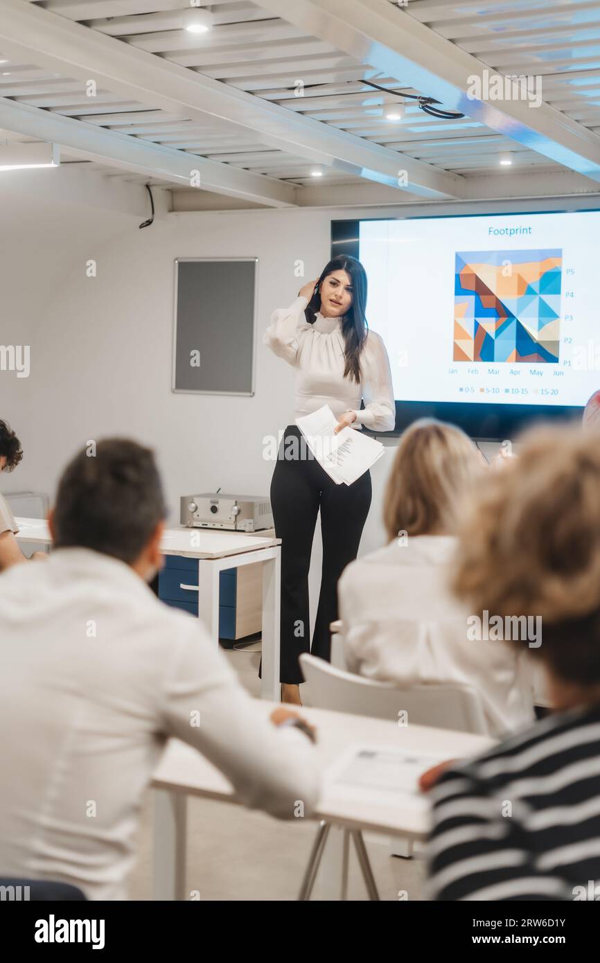 Professional business trainer talking with client during presentation ...