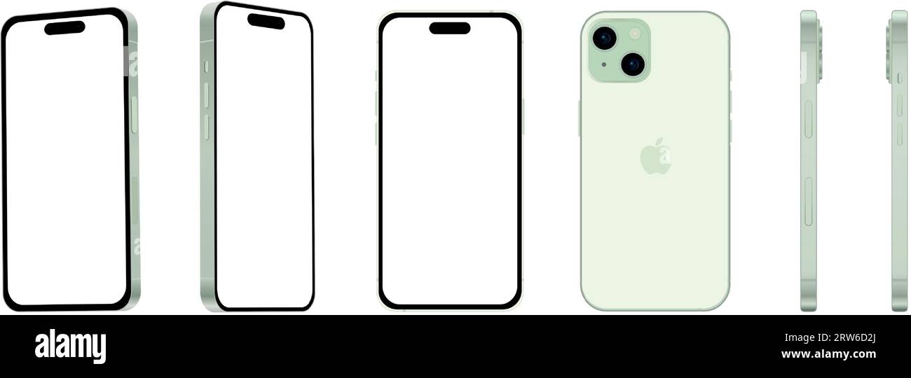 Set of 6 pieces from different angles, green Apple iPhone 15 smartphone ...