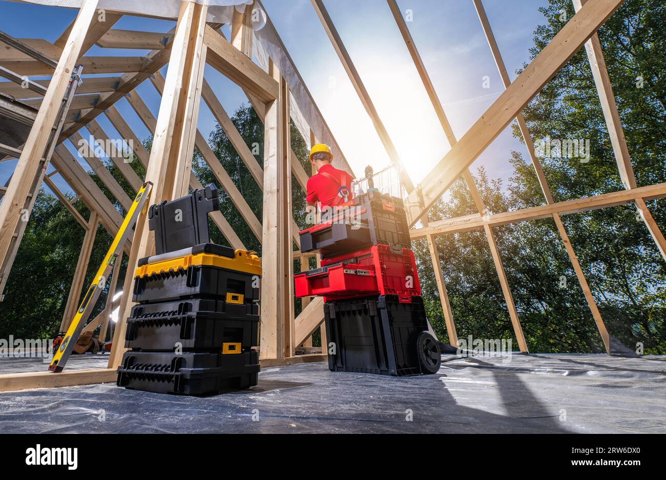 Contractor Building Wooden Made House Skeleton Frame. Scenic Sunset ...