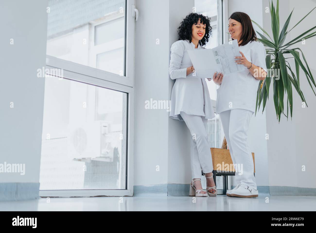 Female doctors standing in a hall at the hospital, discussing positive ...
