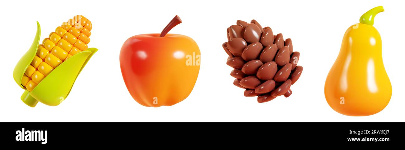 Autumn seasonal fruits and vegetables 3d render illustration set Stock ...