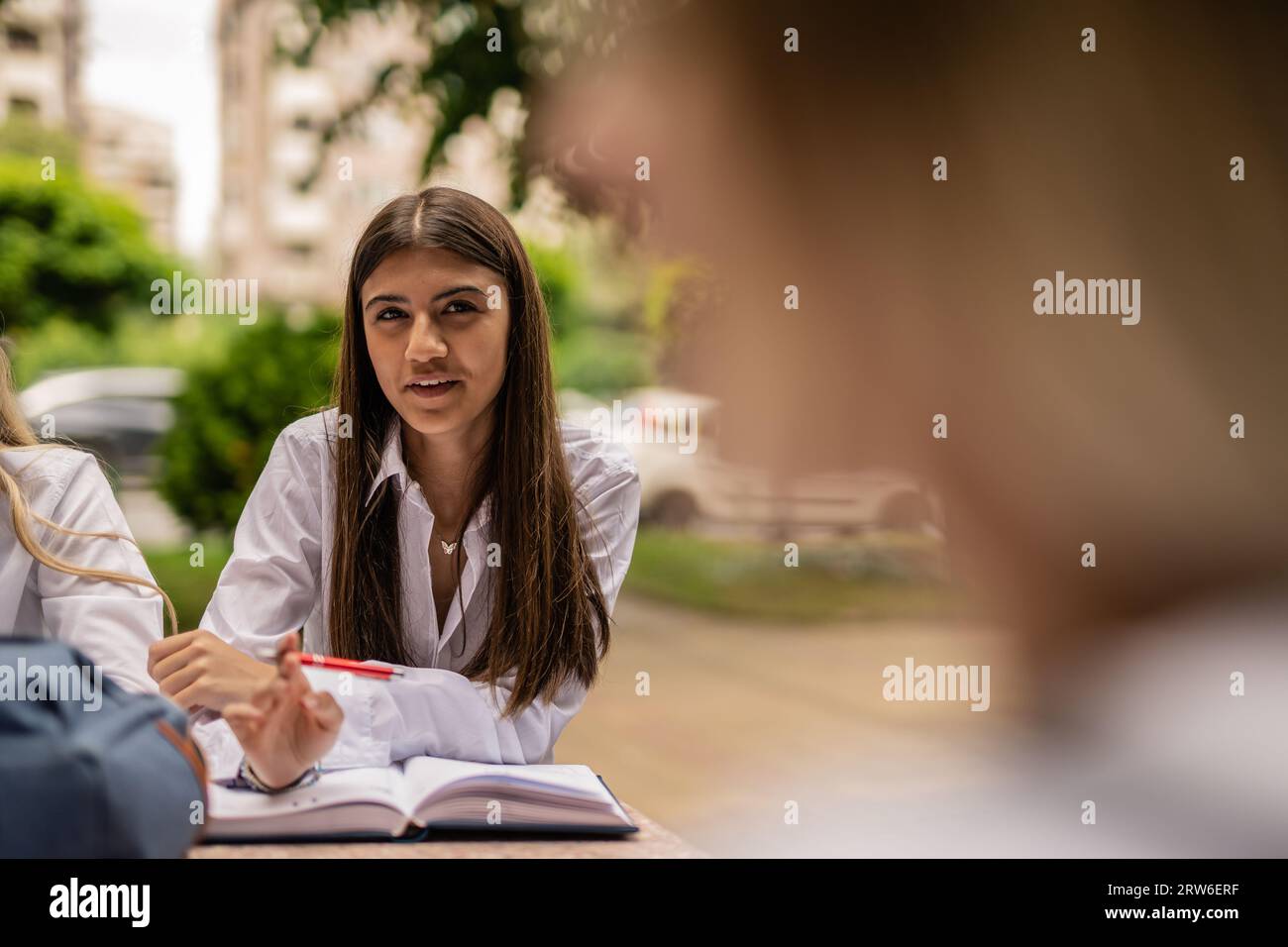 School students collaborating together on a project, sharing ideas ...