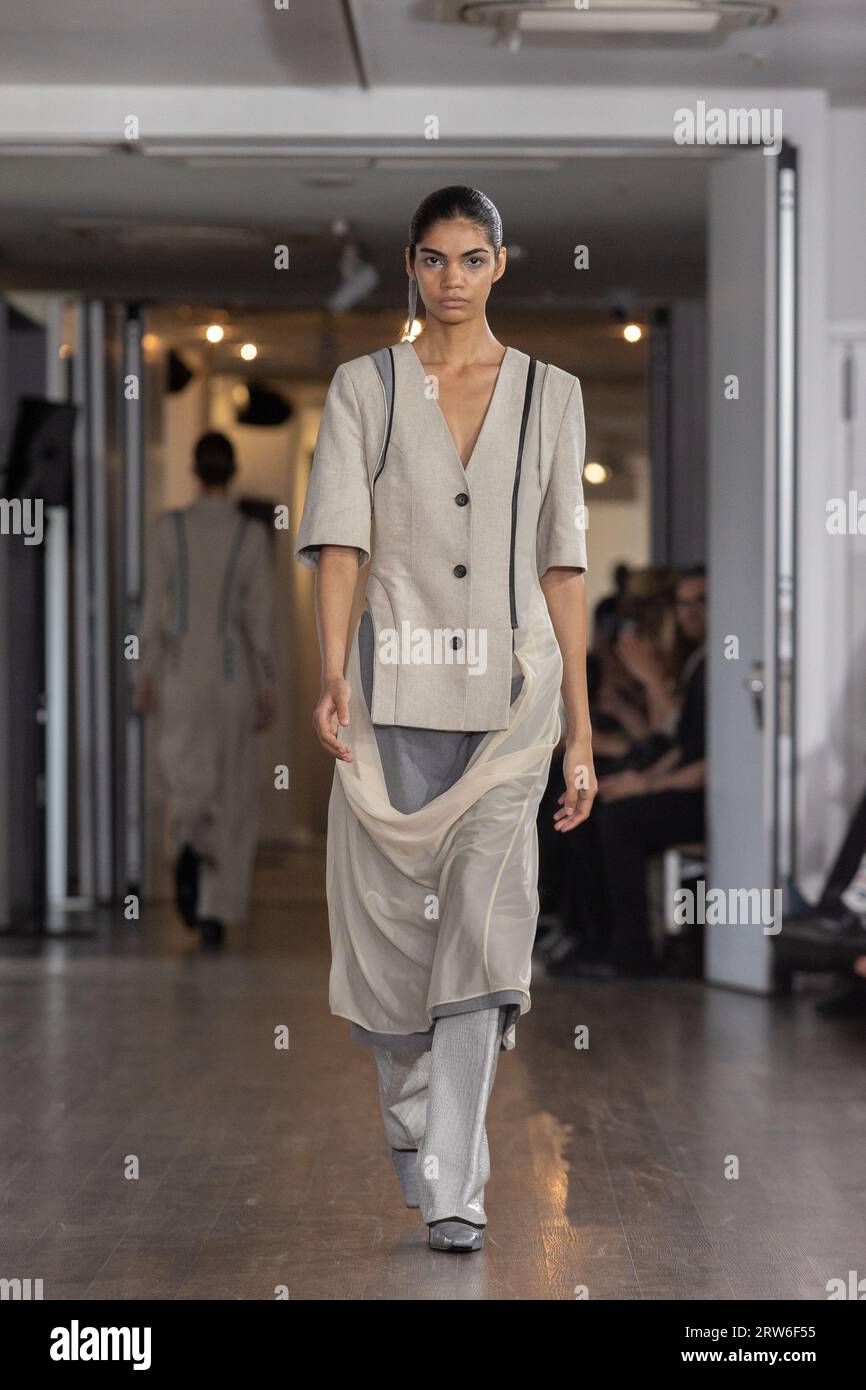 London, UK. September 17, 2023. A model on the catwalk at the J E CAI ...