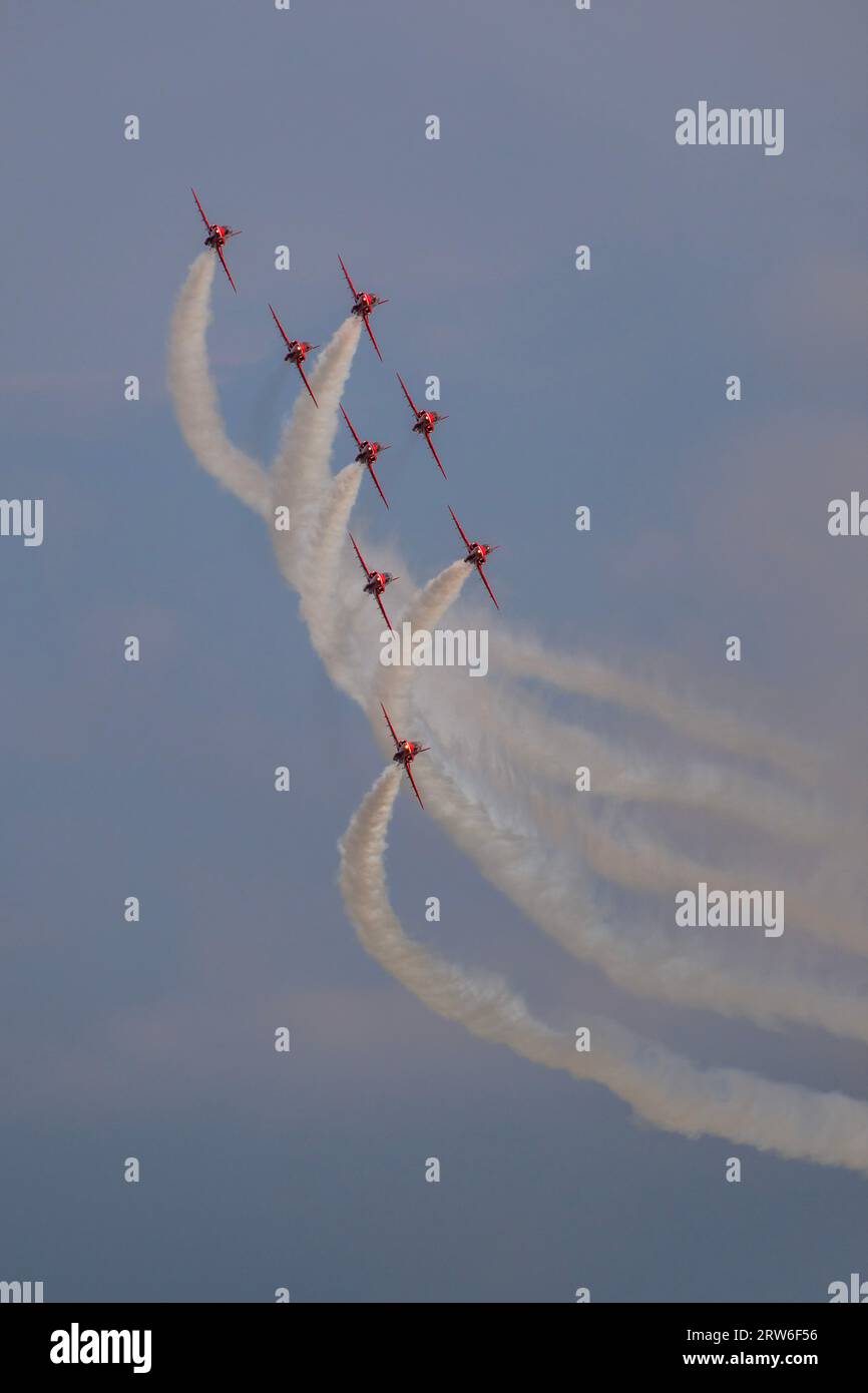 The Red Arrows perform a delayed aerobatic display - The Duxford Battle ...