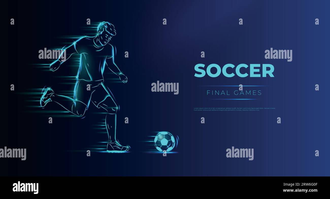 Soccer player. Man playing with ball. Glowing neon sportsman silhouette ...