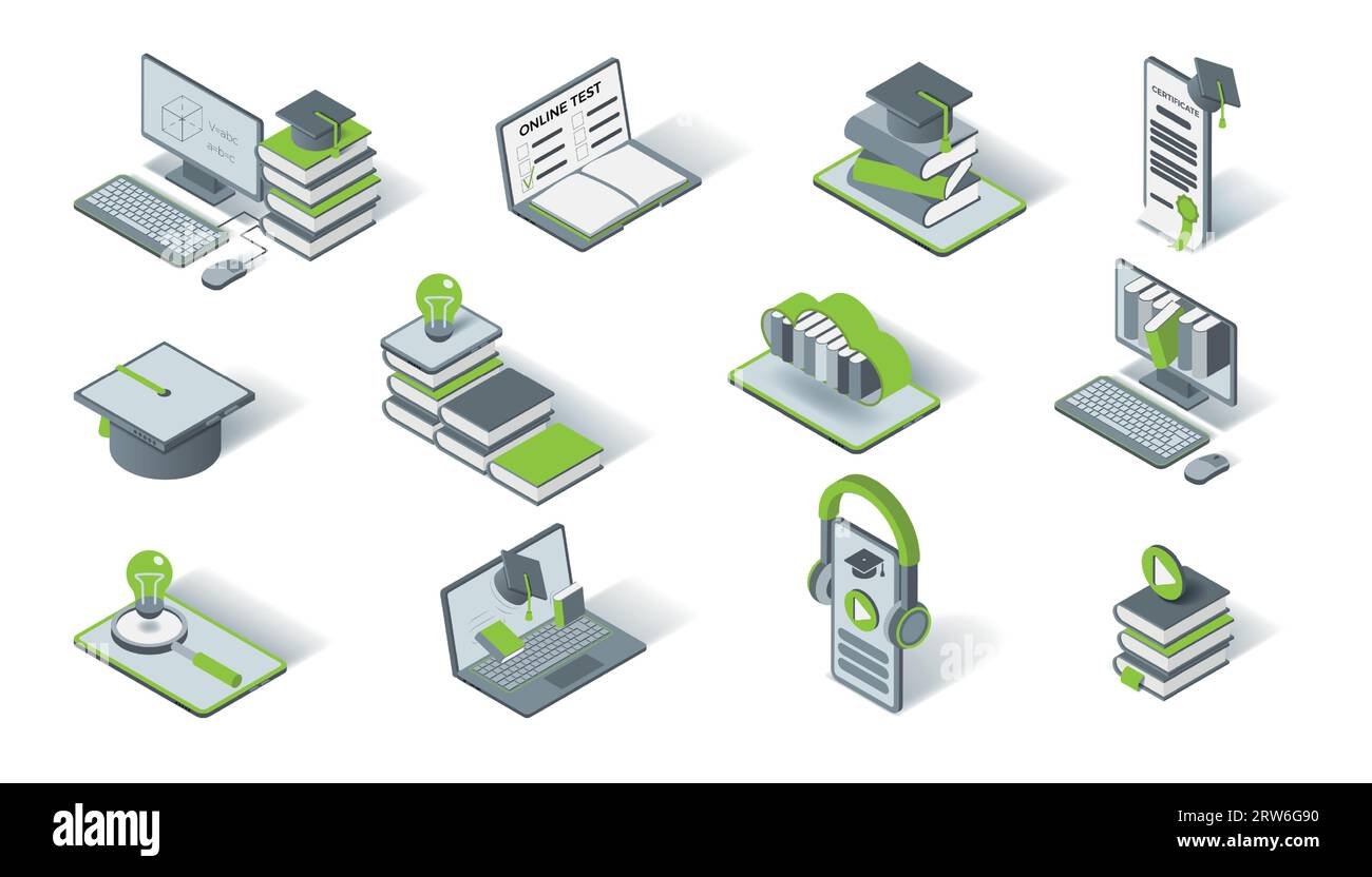 Education icons. 3D isometric laptop. Learning book. Ebook library ...