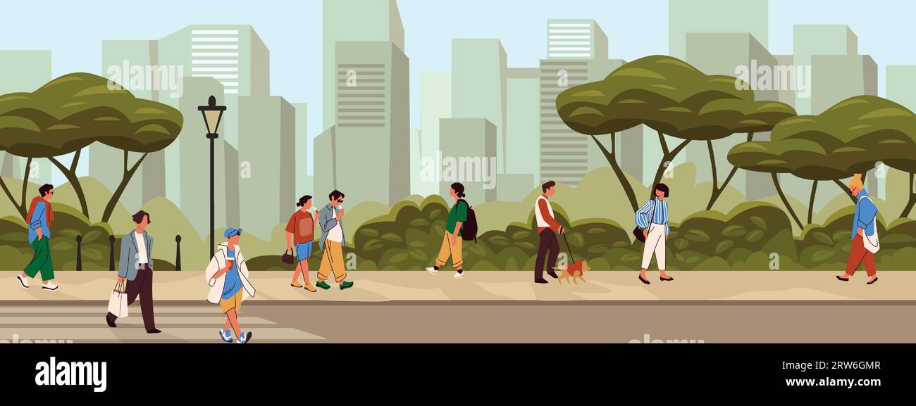 City street. Pedestrians walk on sidewalk and cross road. Urban ...