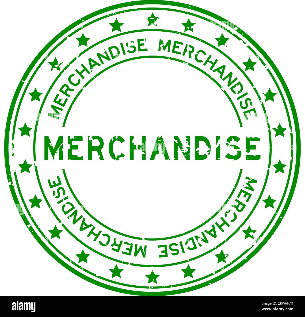 Grunge green merchandise word with star icon round rubber seal stamp on ...