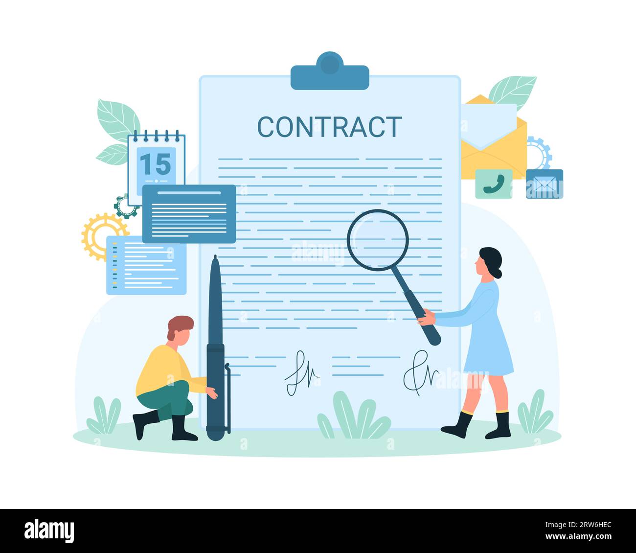 Signing documents, notary services vector illustration. Cartoon tiny ...