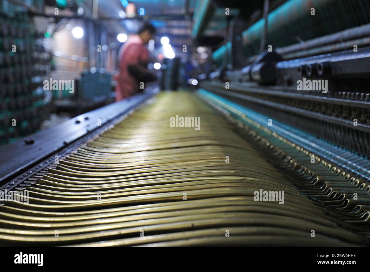 The workers are working hard on the weaving line in a processing plant ...