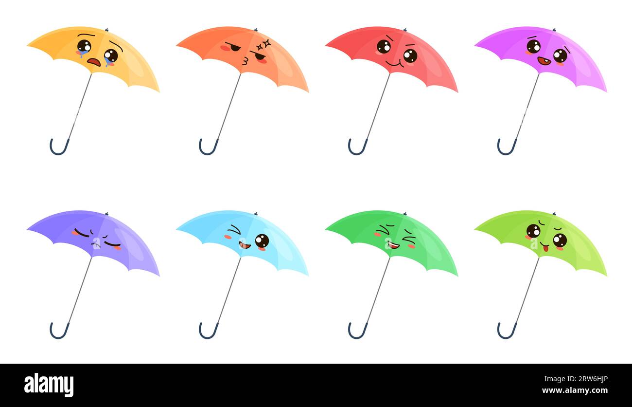 Cute umbrellas set vector illustration. Cartoon isolated funny faces of ...