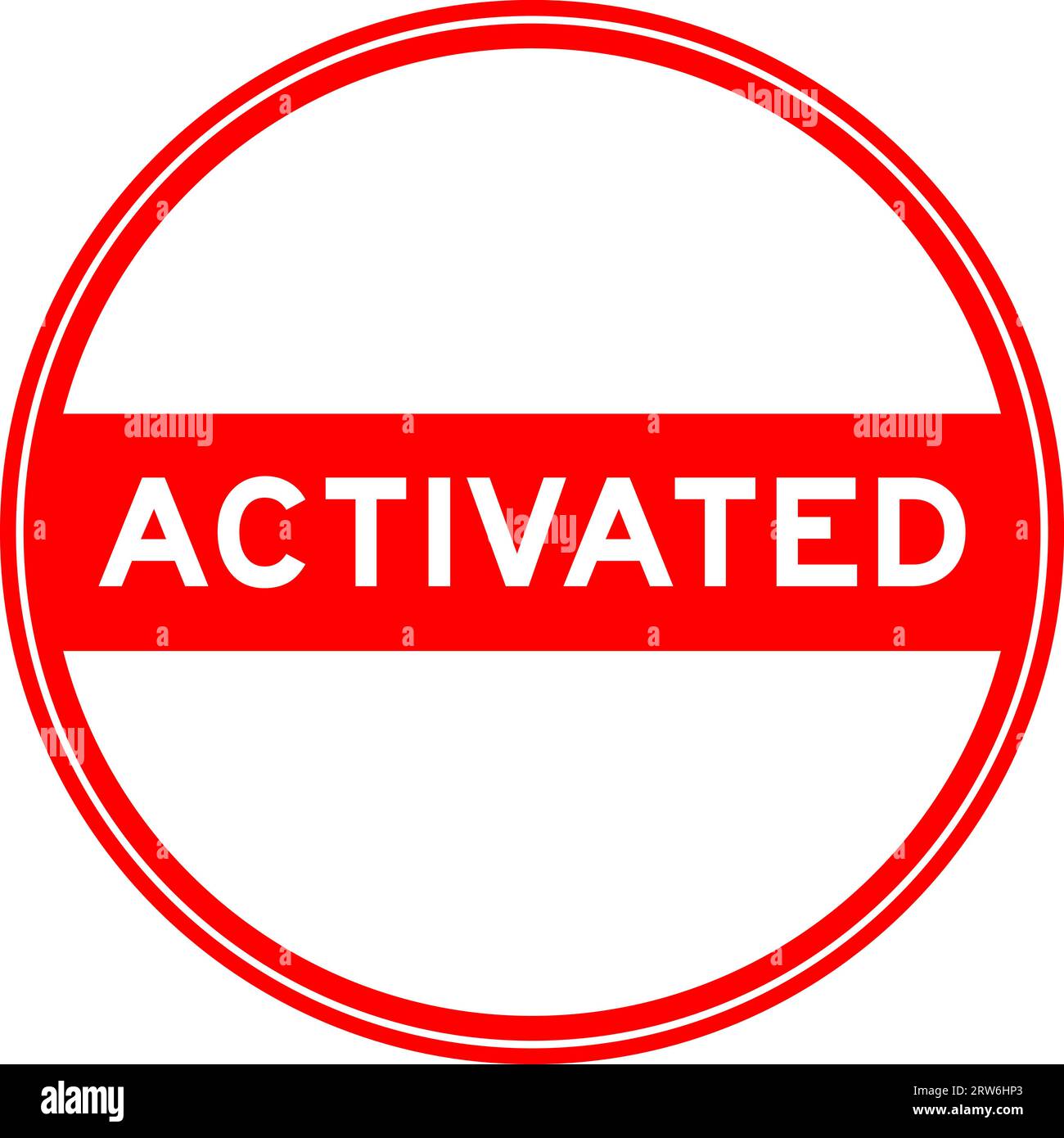 Red color round seal sticker in word activated on white background ...