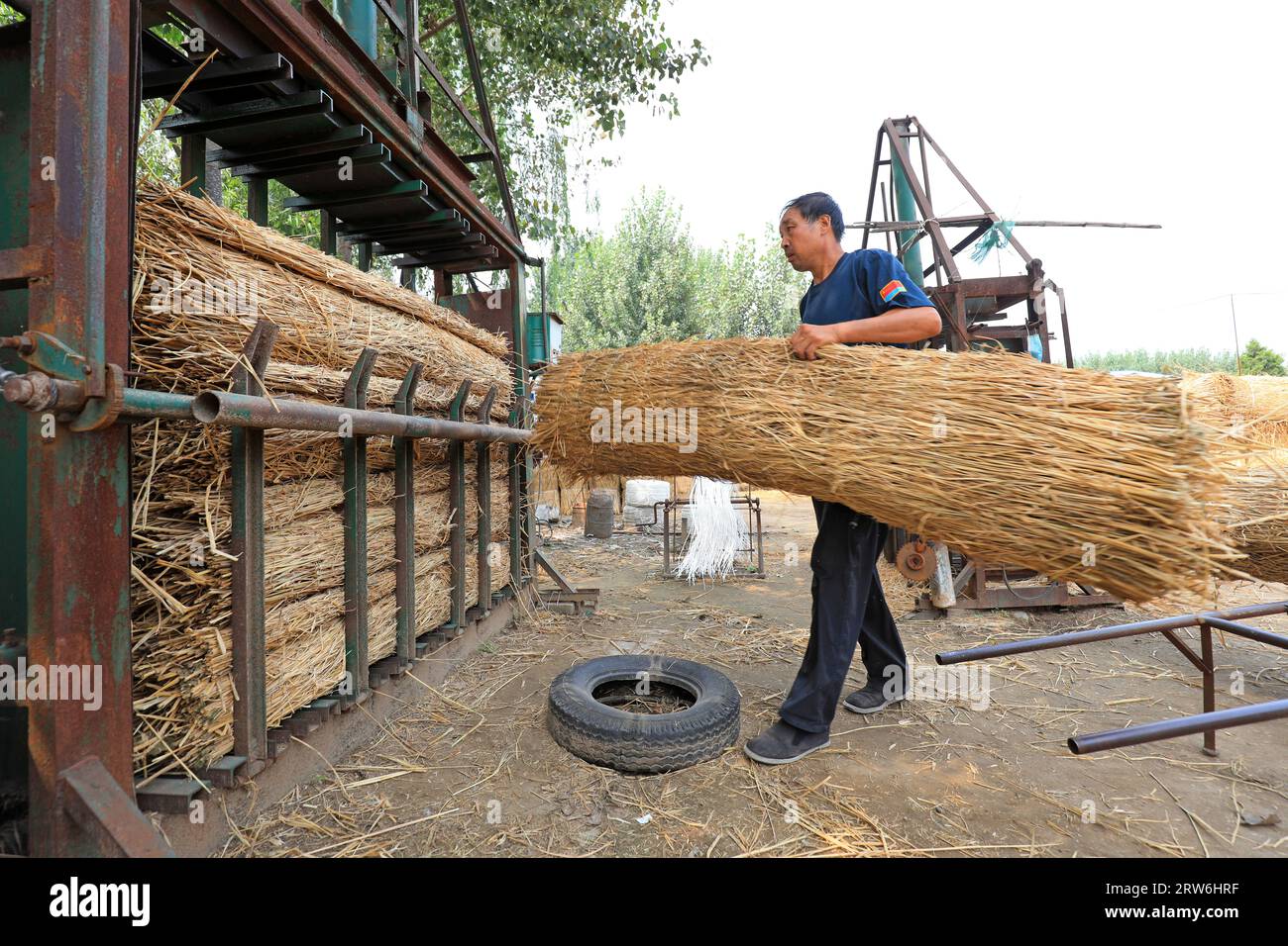 LUANNAN COUNTY, China - August 30, 2021：Farmers use machinery to pack ...