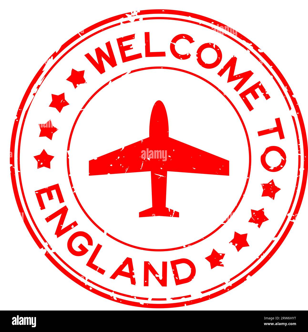 Grunge red welcome to england with airplane icon round rubber seal ...