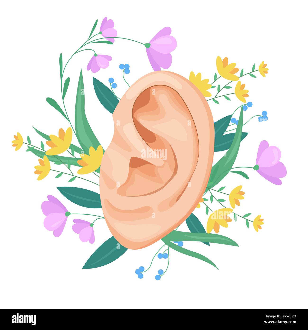 Cute human ear with garden flowers branch and plants vector ...