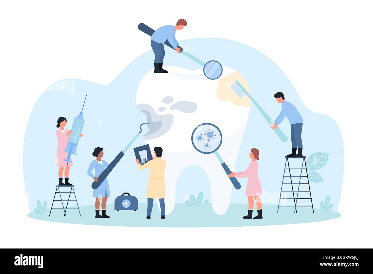 Caries treatment, dentistry vector illustration. Cartoon tiny dentists ...