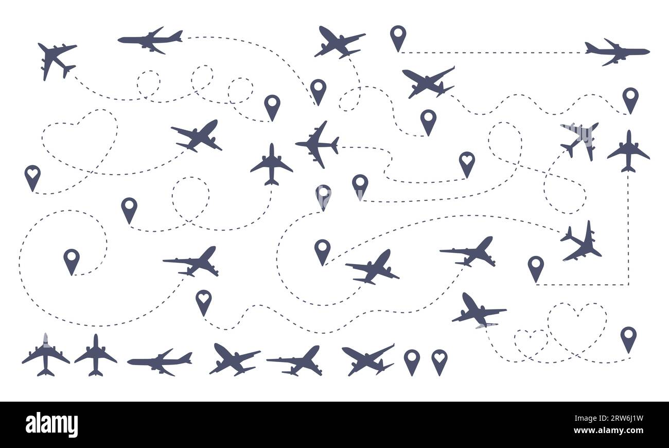 Route path. Airplane traffic. Dotted line track and map pins. Plane ...