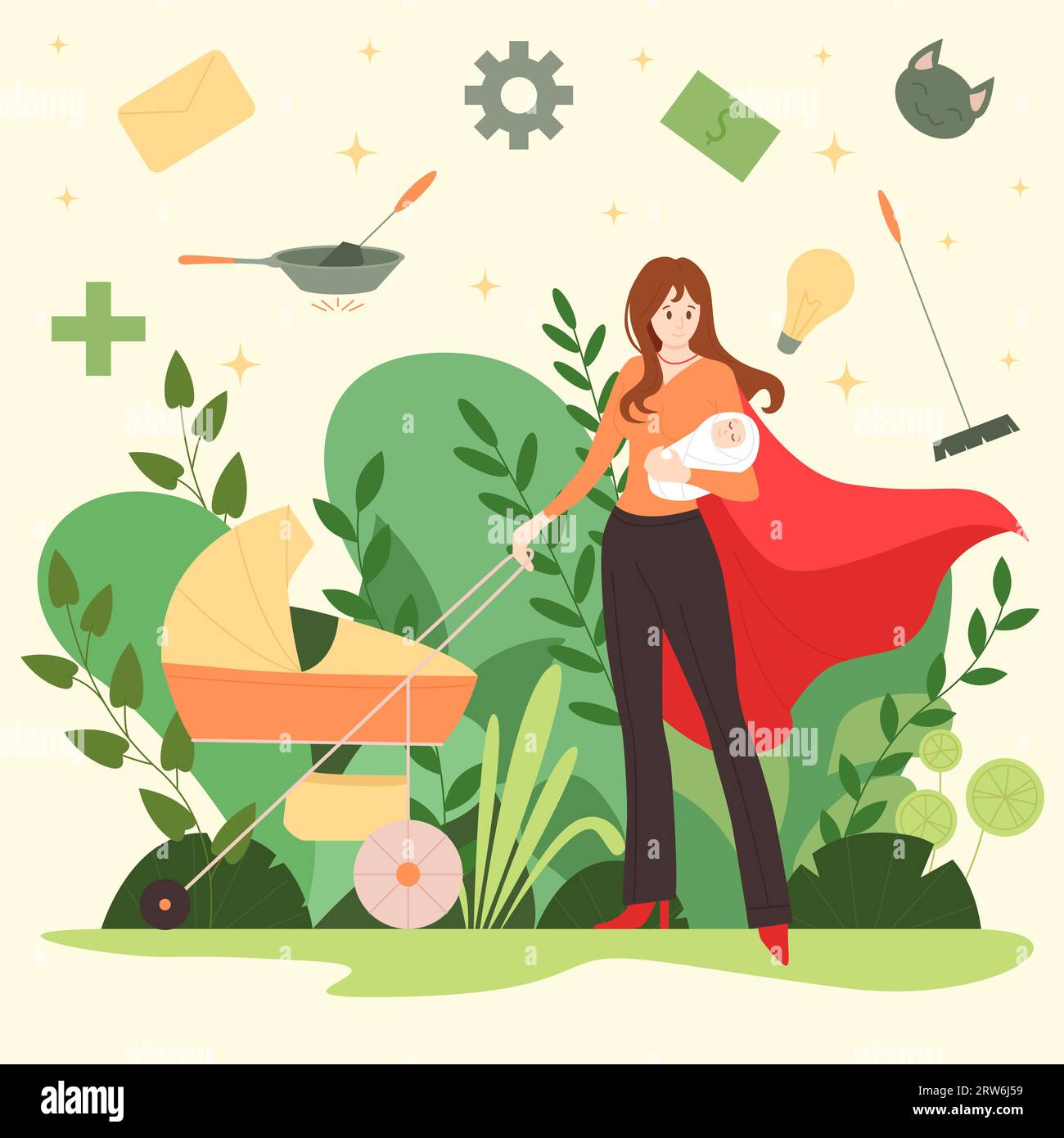 Mom superhero vector illustration. Cartoon young mommy hero wearing ...