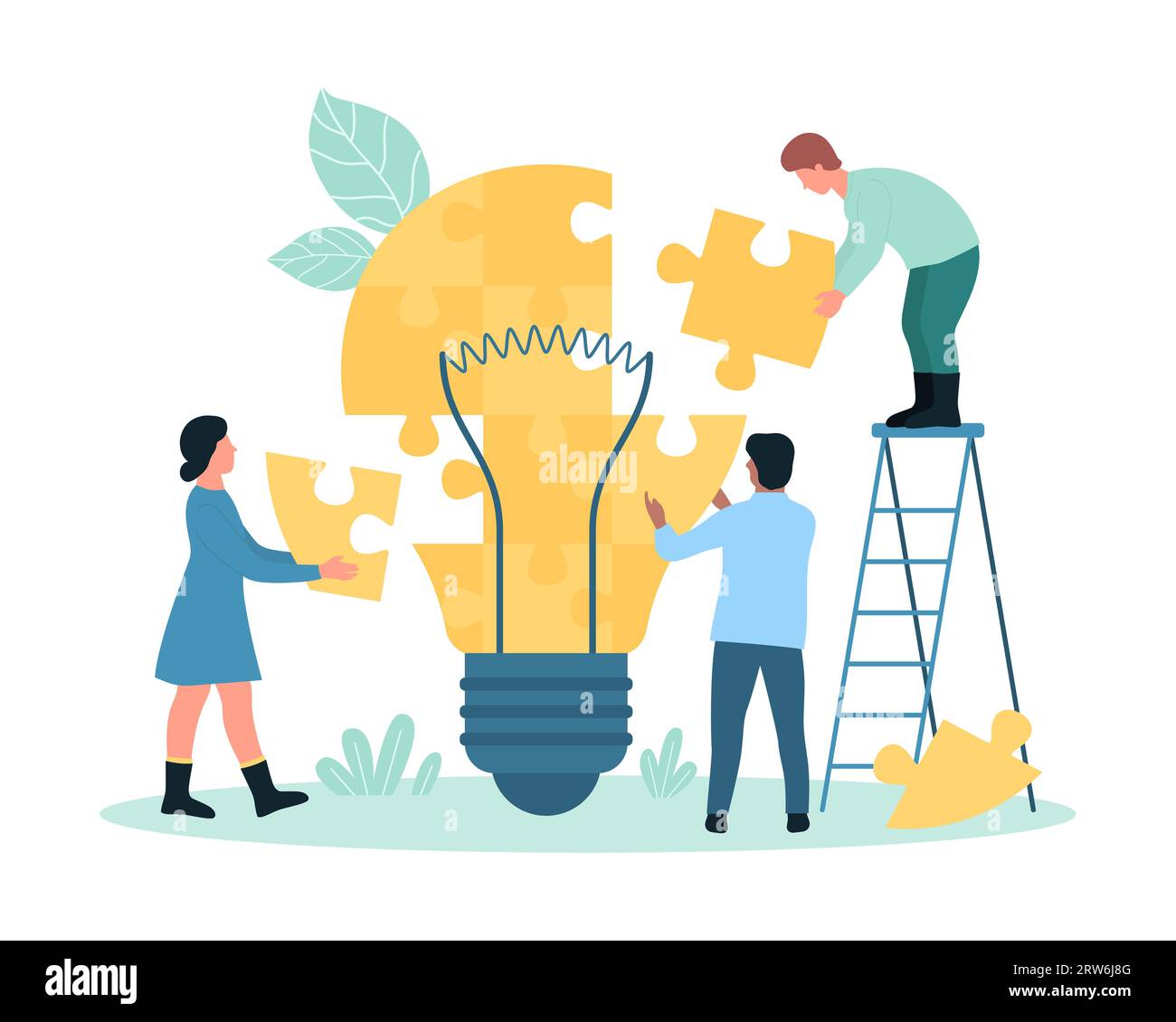 Teamwork to develop creative idea, insight vector illustration. Cartoon tiny people build light ...