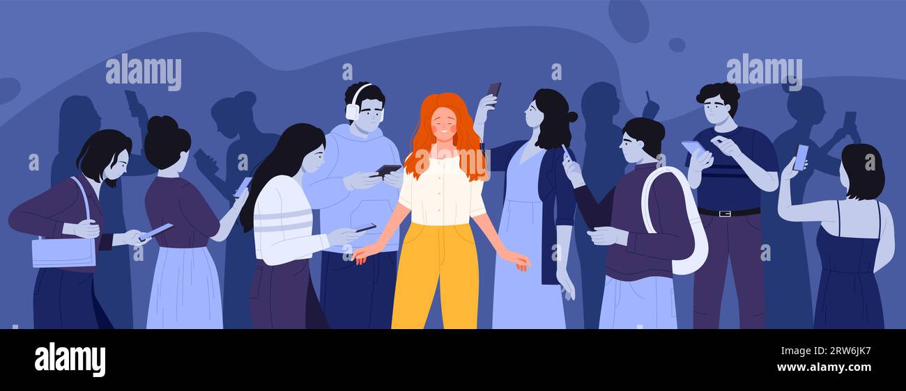 Mobile phone addiction vector illustration. Cartoon happy girl standing ...