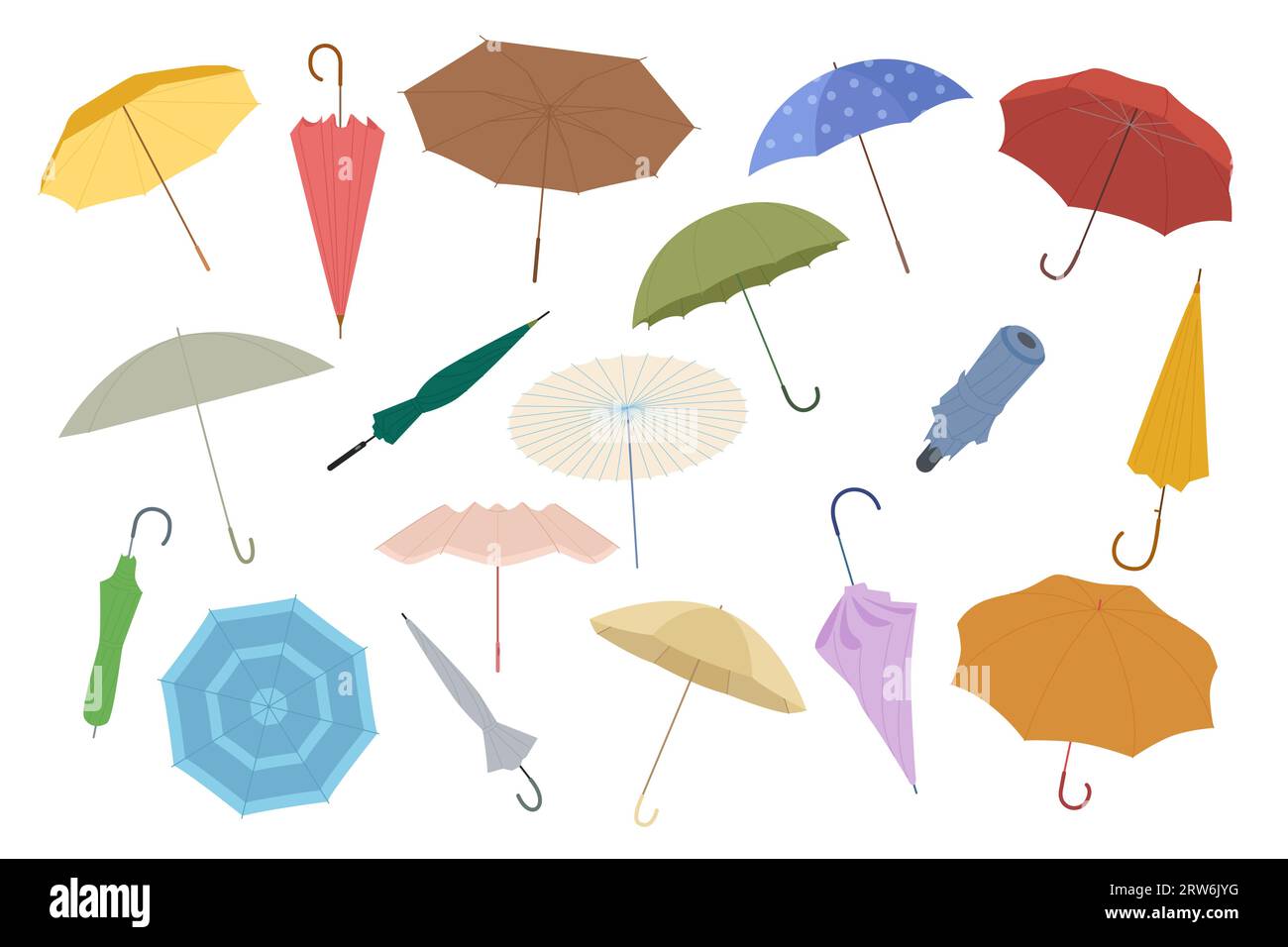 Umbrella set vector illustration. Cartoon isolated open and folded parasols with handles in ...