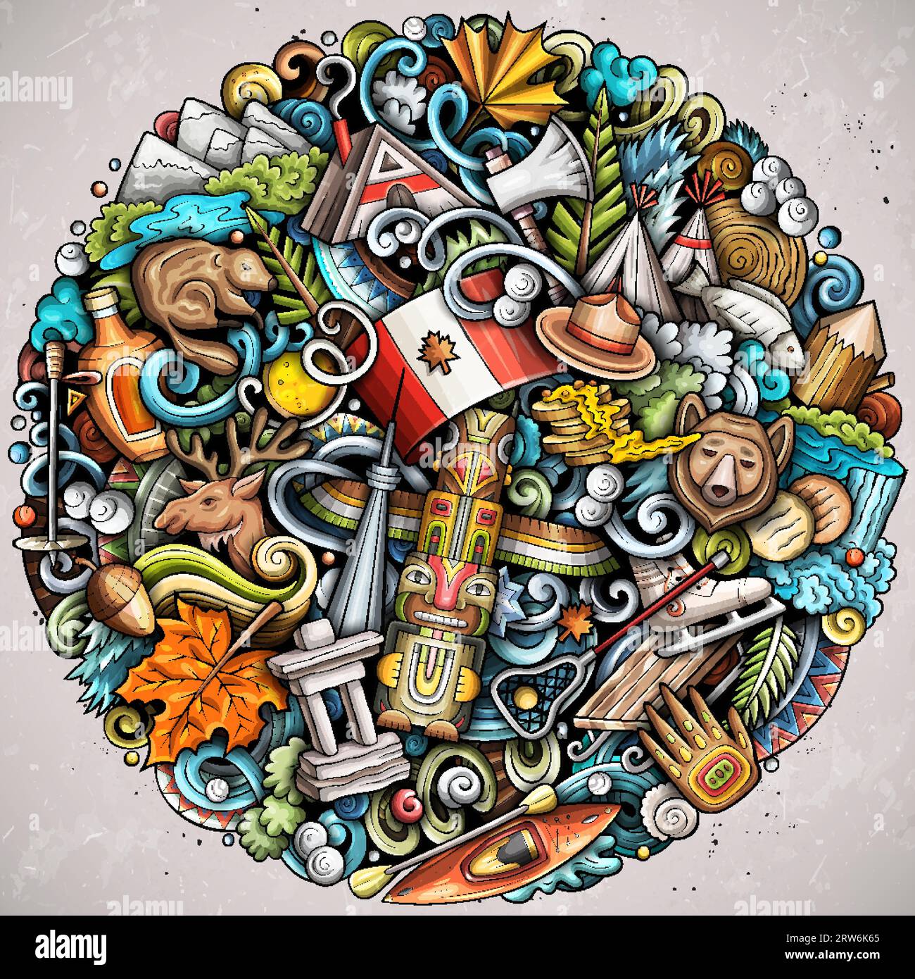 Cartoon doodle Canada round Illustration. Background with local ...