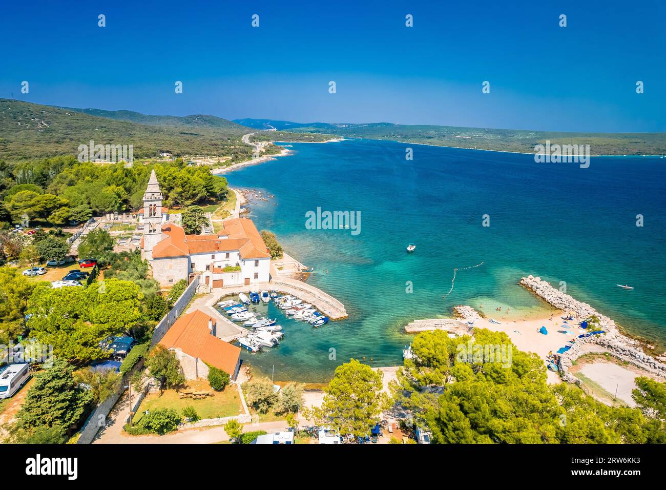 Franciscian monastery and idyllic beach in Nerezine aerial view, Mali ...