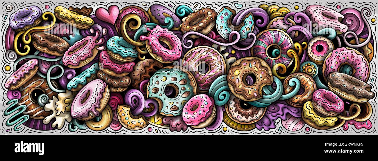Cartoon vector Donuts doodle illustration features a variety of sweet ...