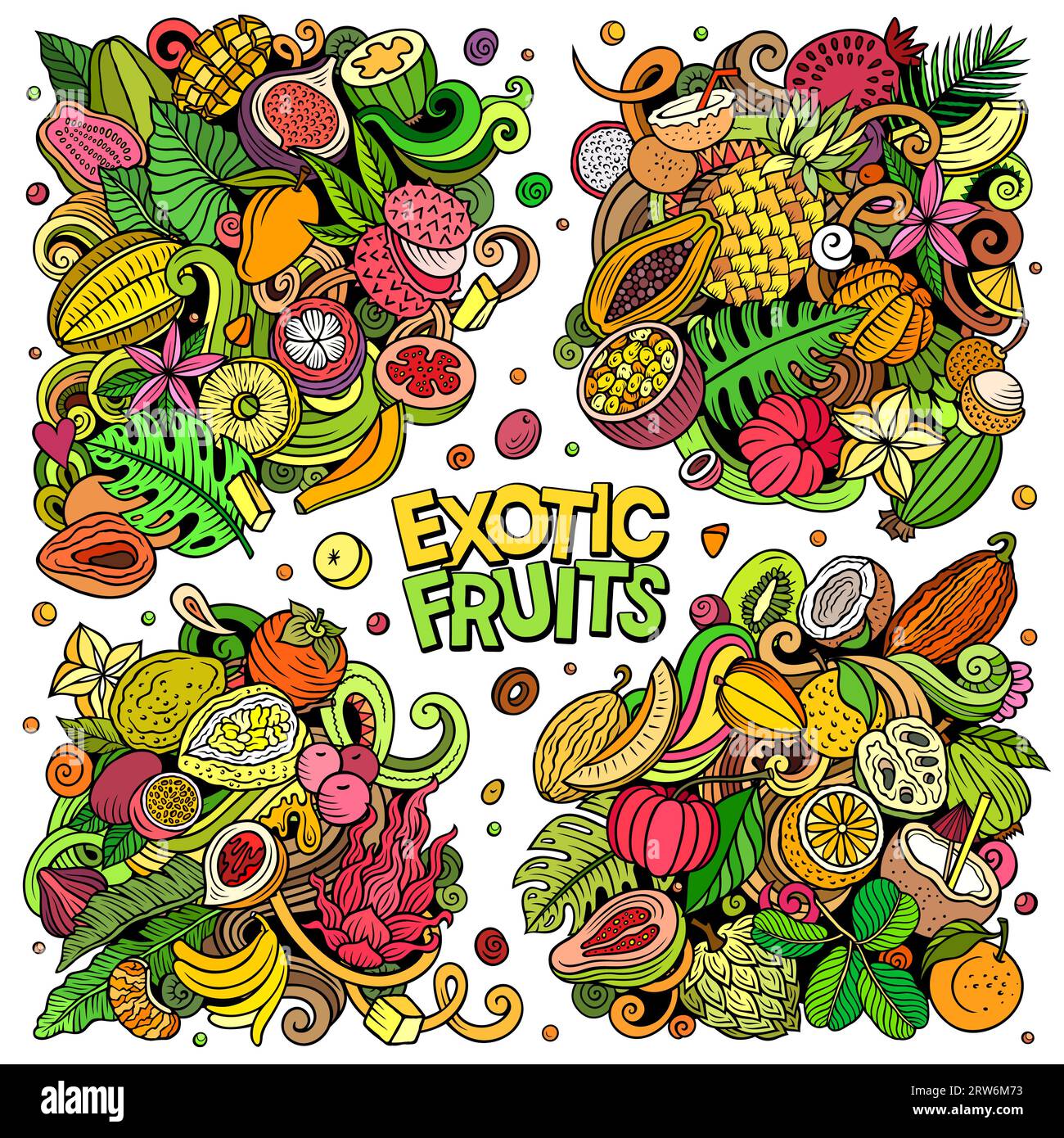 Exotic fruits cartoon vector doodle designs set. Colorful detailed ...