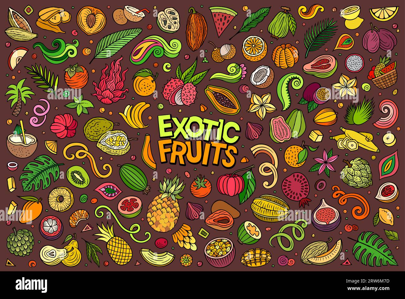 Cartoon vector doodle set features a variety of Exotic Tropical Fruits ...