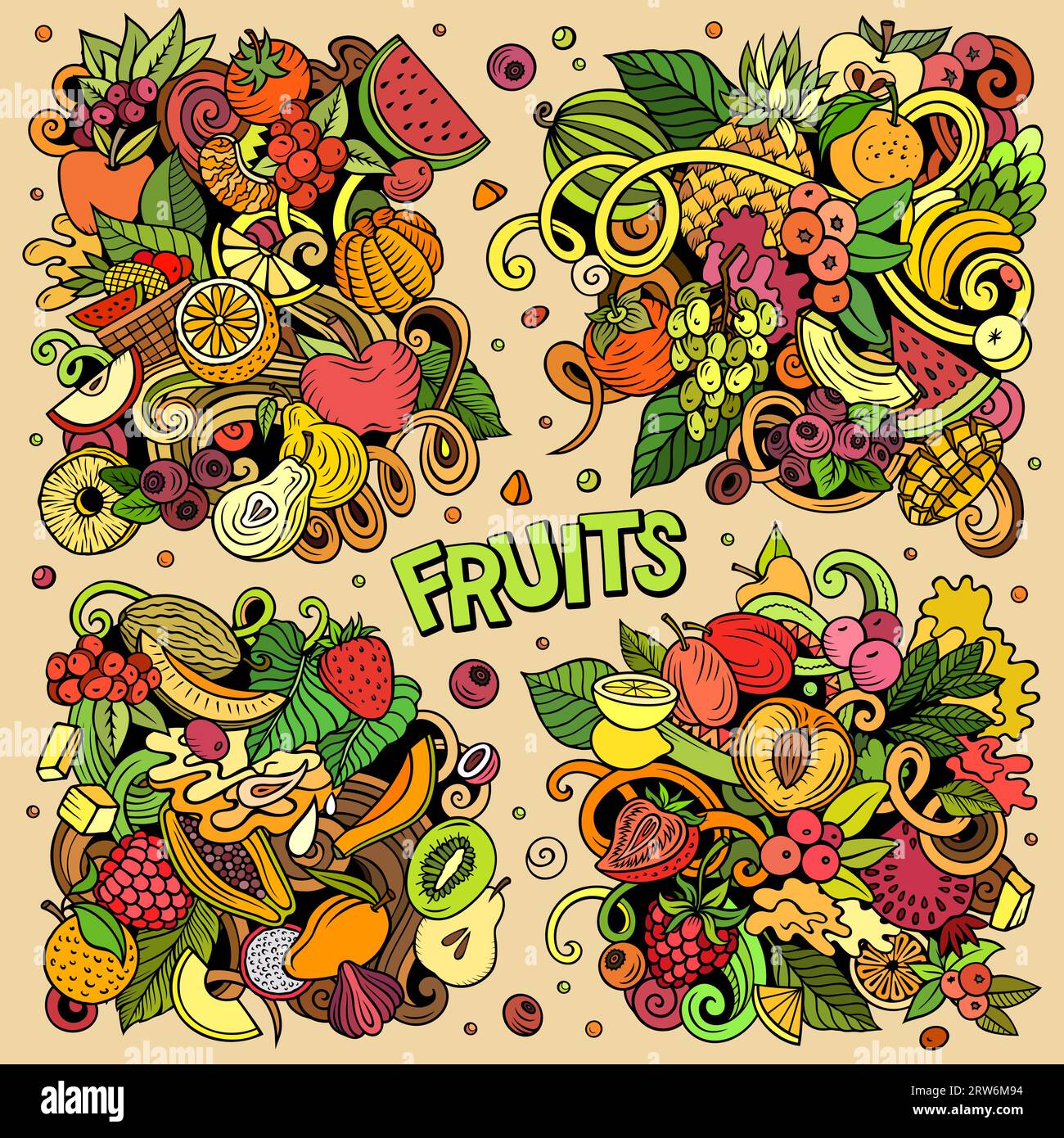 Fresh fruits cartoon vector doodle designs set. Colorful detailed ...