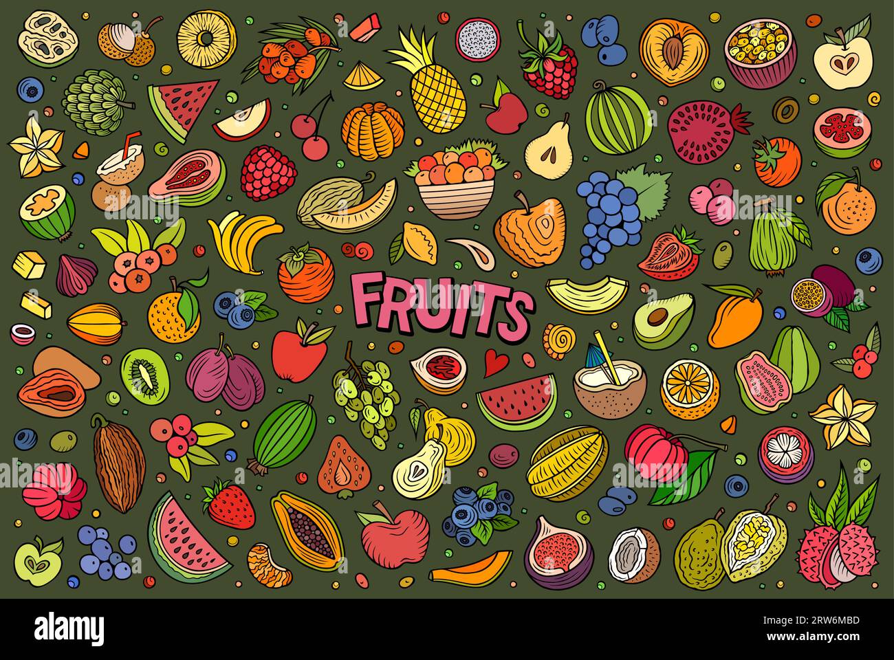 Cartoon Fresh Fruits objects and symbols doodle set Stock Vector Image ...