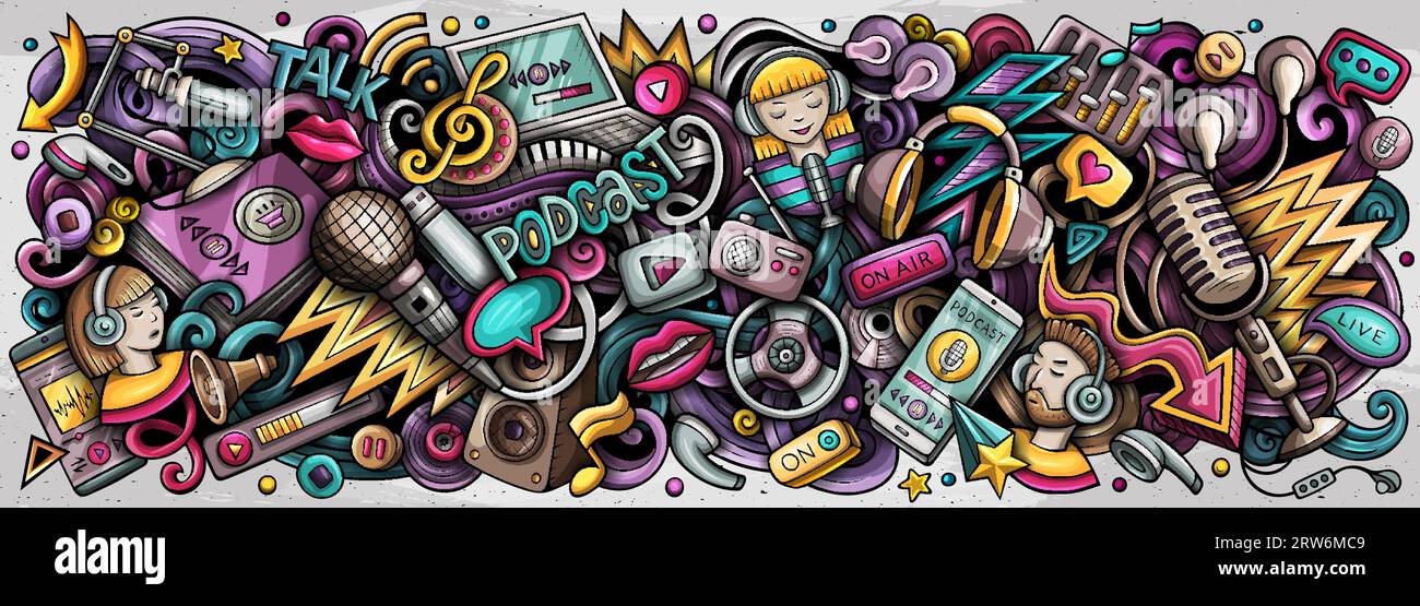 Cartoon vector Podcast doodle illustration features a variety of Audio ...