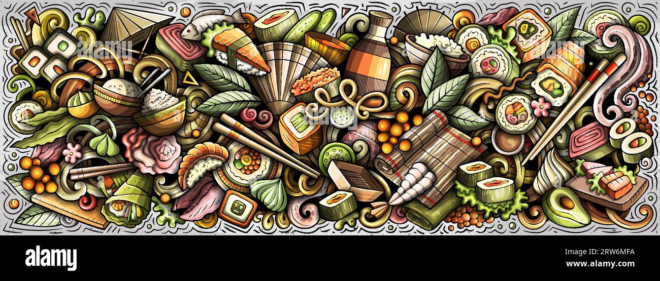 Cartoon vector Sushi doodle illustration features a variety of Japanese ...