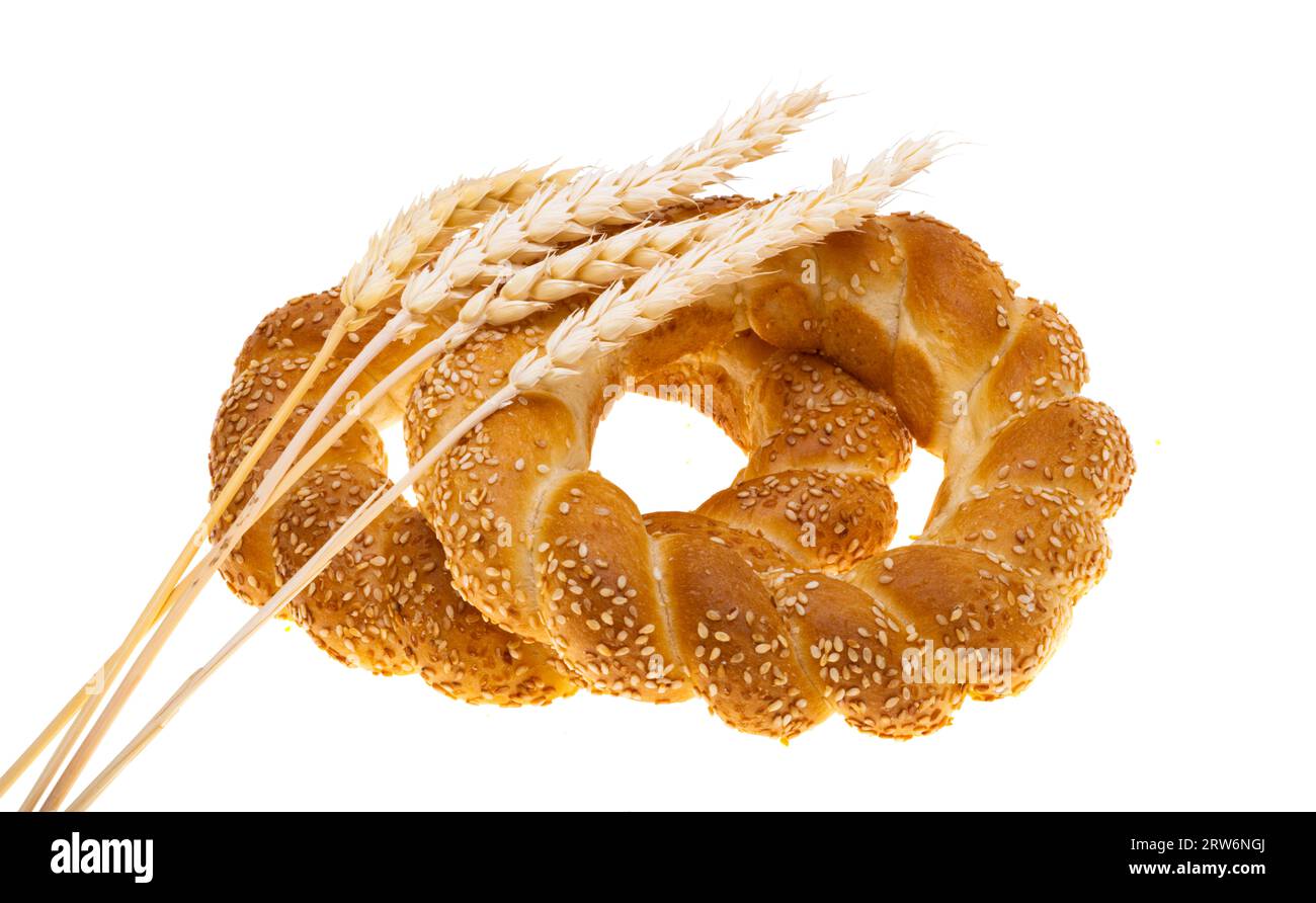 turkish bagel with ear of wheat isolated on white background Stock ...