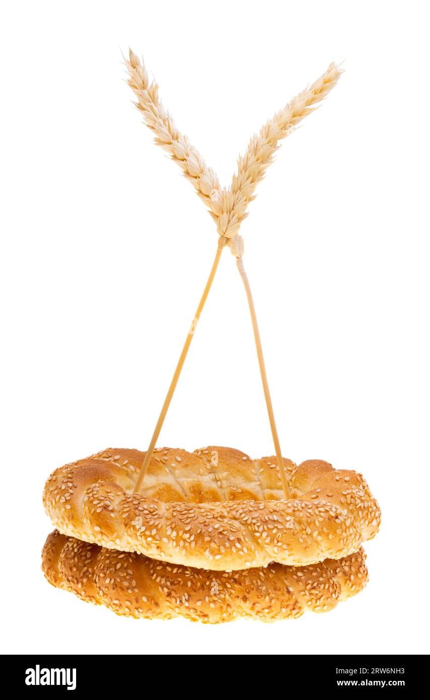 turkish bagel with ear of wheat isolated on white background Stock ...
