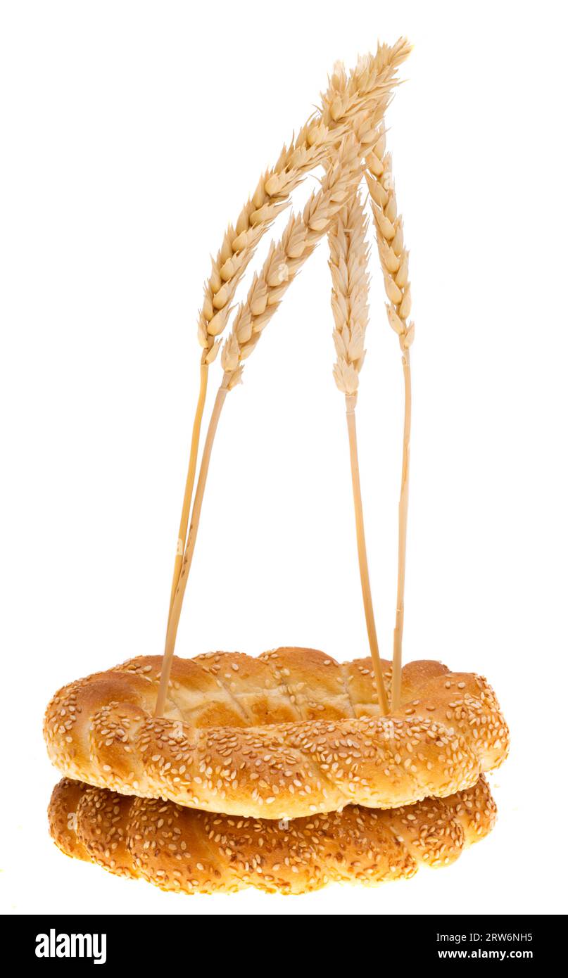 turkish bagel with ear of wheat isolated on white background Stock ...