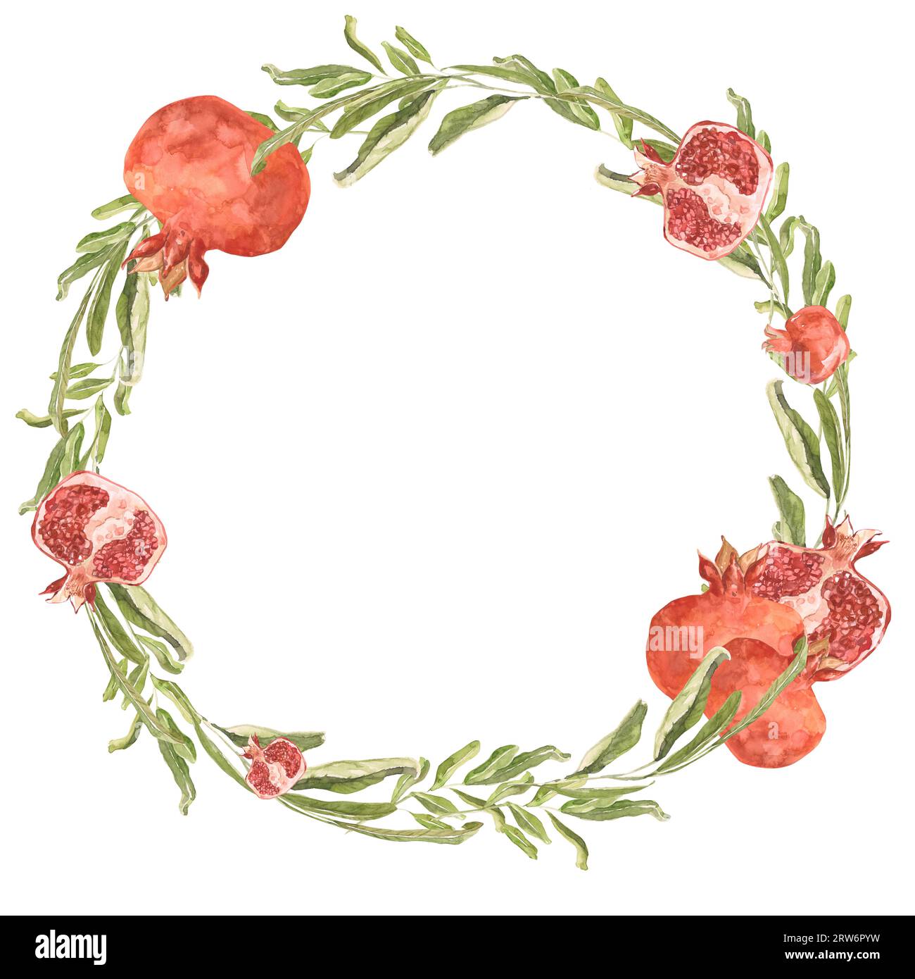 Watercolor pomegranate wreath. Round pomegranate frame, botanical ...
