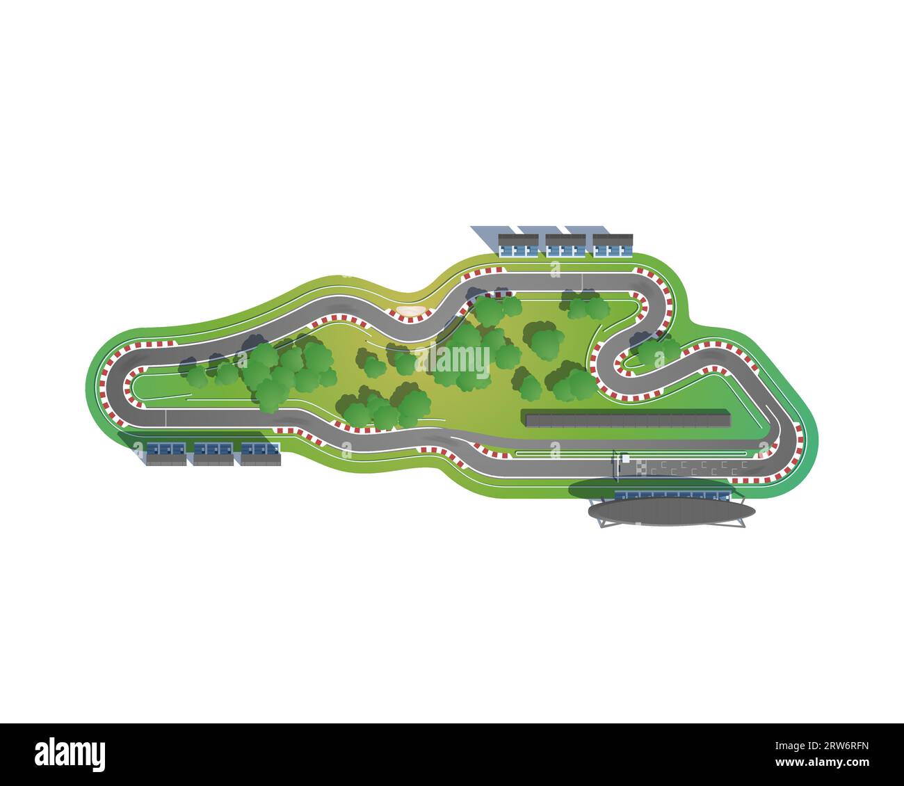 Race track from a top view has a green field and trees the racing ...
