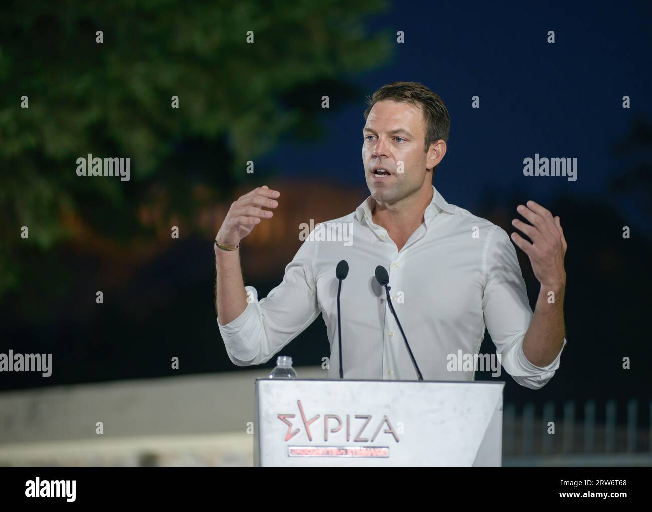Athens, Greece - 16 September 2023. Stefanos Kasselakis addresses the ...