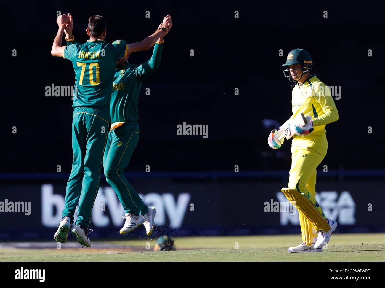 South Africa's Marco Jansen, and Aiden Makram, celebrate the wicket of ...