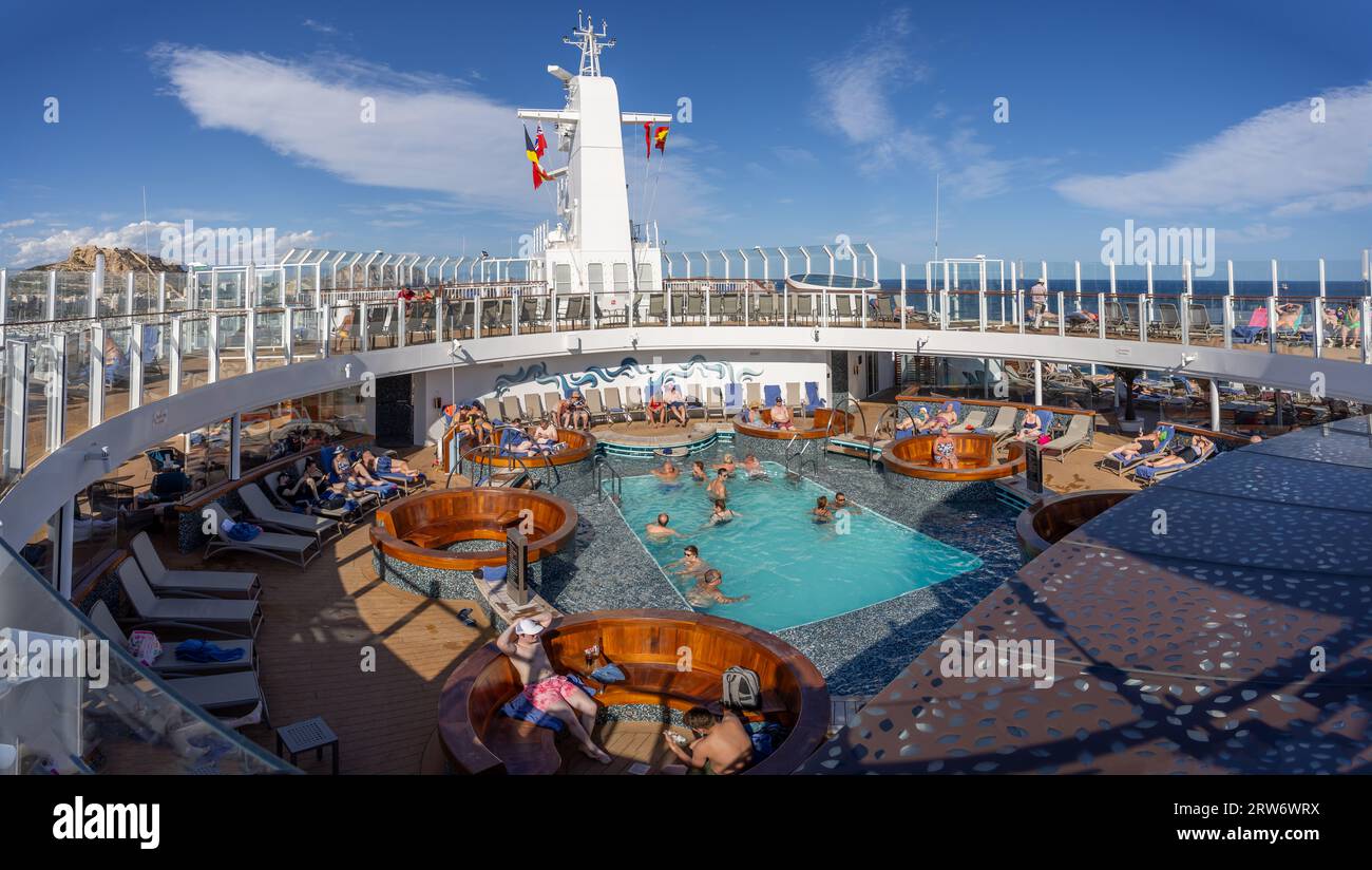 Panoramic View Looking Down On Pando Cruise Ship Arvias Beachcomber Pool And Bar Moored In